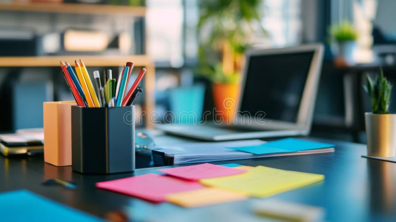 Colorful Pencils and Pens in a Holder on an Office Desk Stock ...