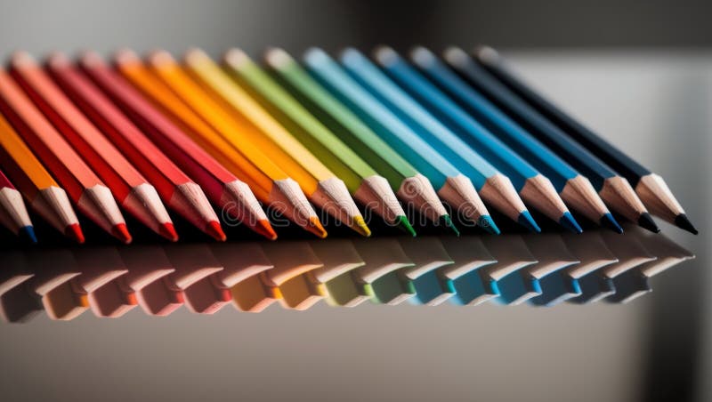 Colorful Pencils in a Row with Reflection. Stock Image - Image of ...