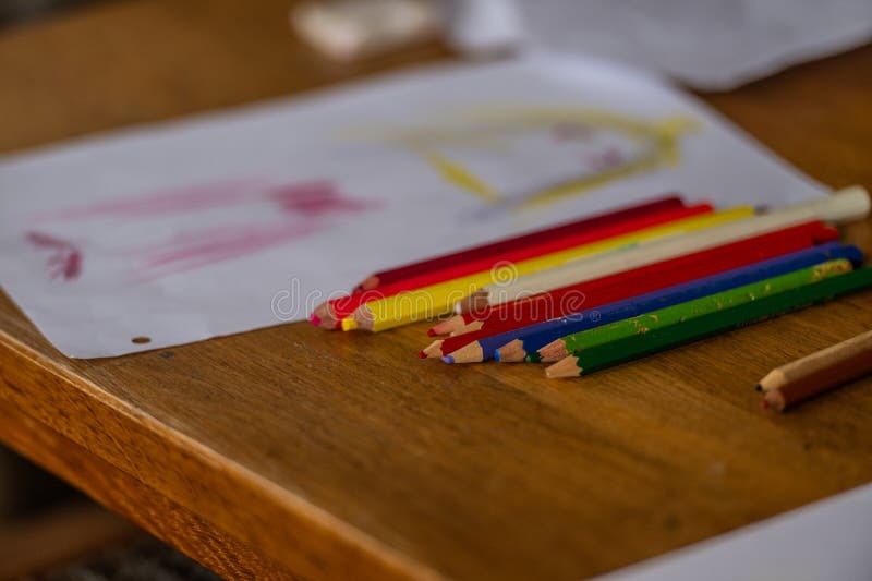 Colorful Pencils on a Wooden Table.. Stock Image - Image of draw ...