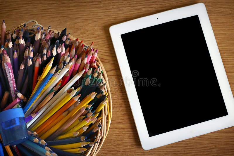 Colorful Pencils and Tablet Computer. Stock Photo - Image of electronic ...