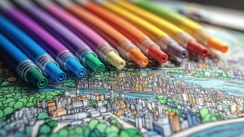 Colorful Pens on Detailed Cityscape Drawing Stock Illustration ...