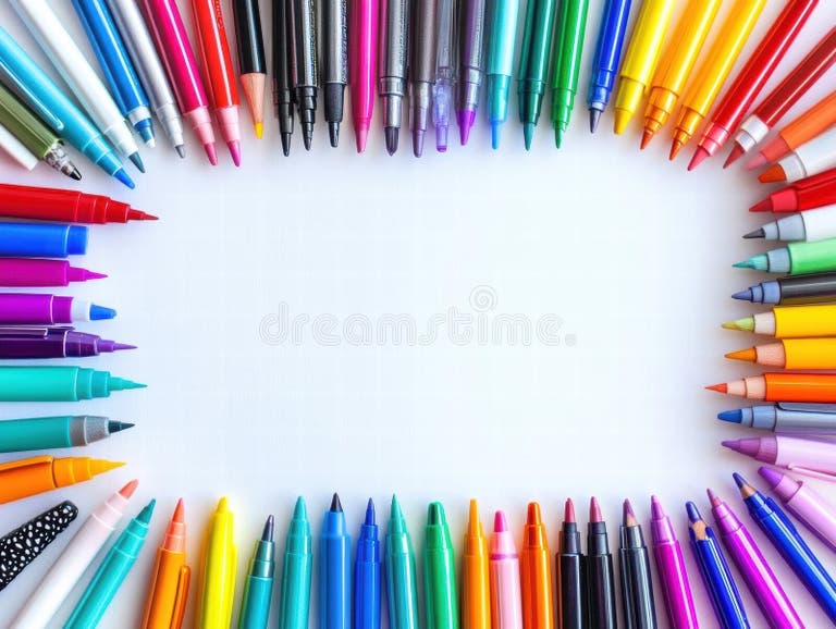 Colorful Pens and Markers Arranged in a Rainbow Pattern on a White ...