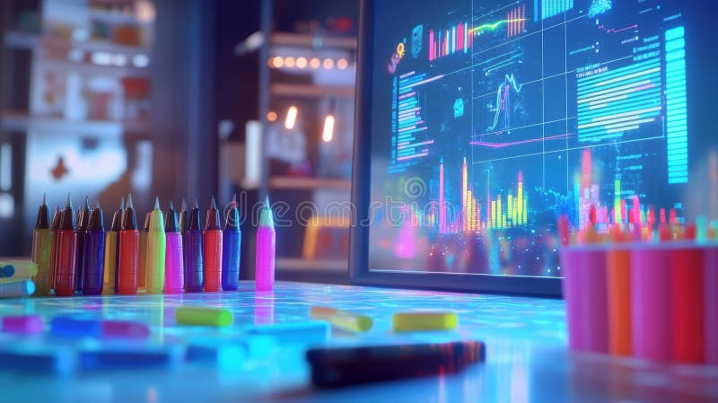 Colorful Pens and Markers Scattered on Desk with Futuristic Computer ...