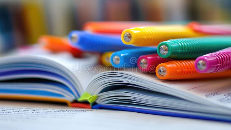 Colorful Pens on Open Book in Classroom Setting for Creative Learning ...