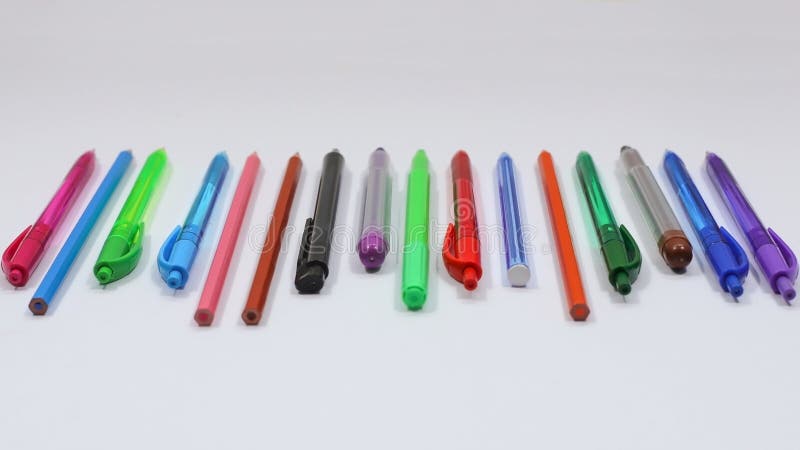 Colorful Pens, Pencils, and Markers in a Row. Side View with Selective ...