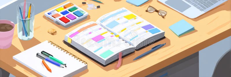 Colorful Pens and daily Planner on a Tidy Desk during a Productive ...