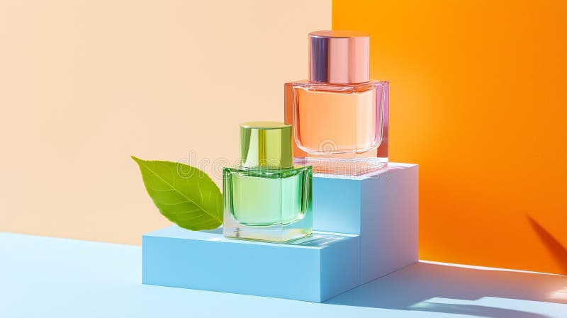 Colorful Perfume Bottles on Geometric Display Stock Photo - Image of ...