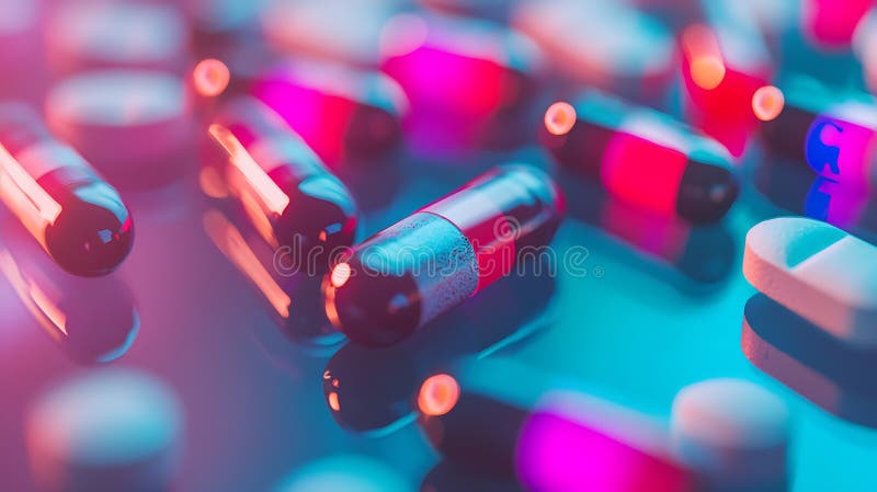 Colorful Pharmaceutical Capsules and Tablets Spread Across a Reflective ...