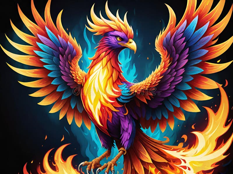 Colorful Phoenix Bird with Flames and Wings, Hand Drawn Illustration ...
