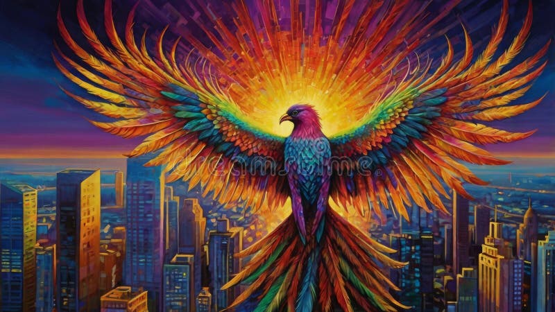 A Colorful Phoenix Soars Above a Cityscape Stock Illustration ...