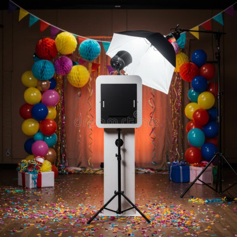 Colorful Photo Booth Setup with Balloons and Confetti Stock ...