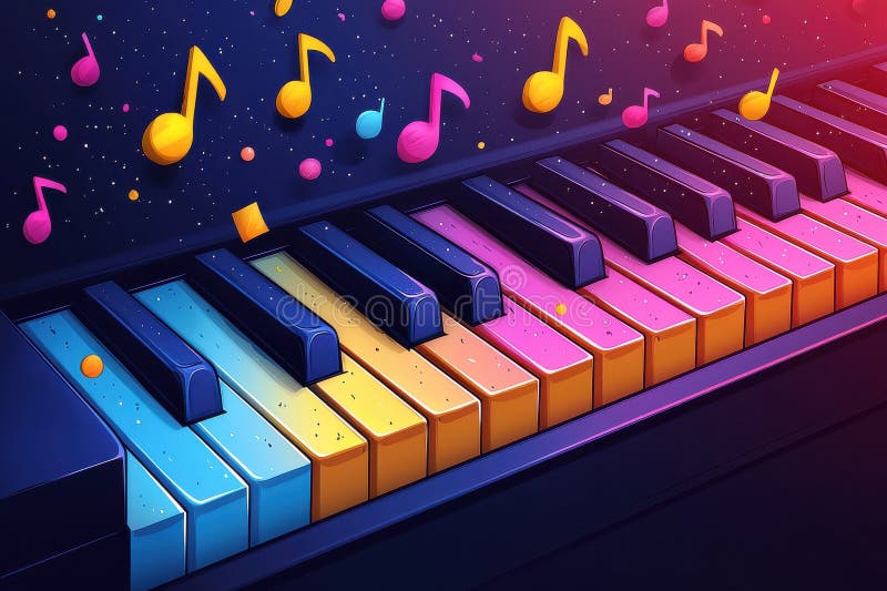 Colorful Piano Key Illustration with Vibrant Floating Musical Notes ...