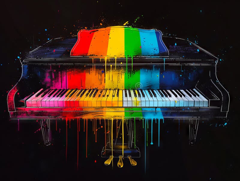 A Colorful Piano with Rainbow Paint Splatters Stock Image - Image of ...