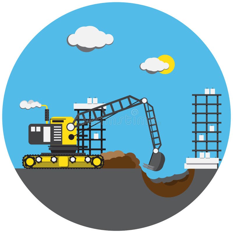 Blue Big Digger Builds Roads Gigging of Hole Ground Works on White ...