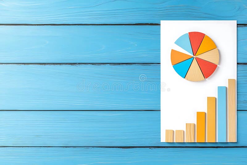 Colorful Pie Chart and Bar Graph on Blue Wooden Background, Representing Financial Analysis and ...