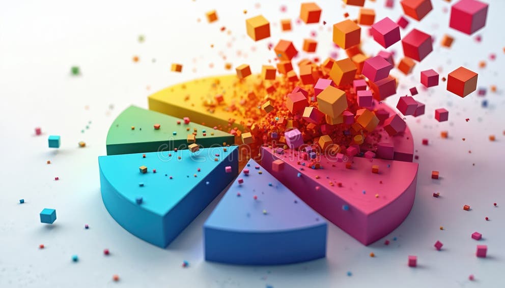 Colorful Pie Chart Segments Explode into Many Small Cubes Across White Background. Data ...