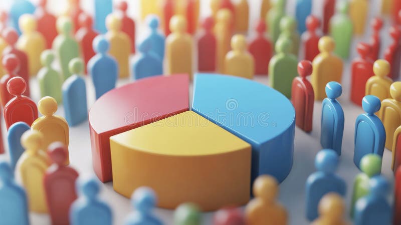 Colorful Pie Chart Surrounded by Icons of Diverse Customer Figures ...
