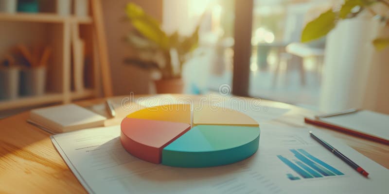 Colorful Pie Chart on Table with Business Documents and Stationery in ...
