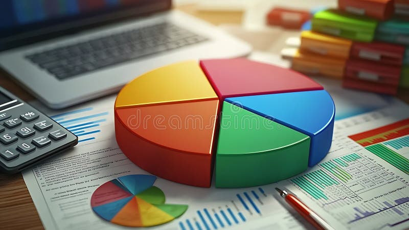 A Colorful Pie Chart is on a Table with a Laptop and a Calculator Stock ...