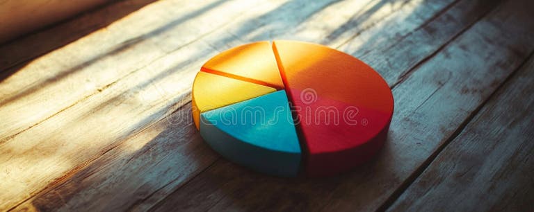 Colorful Pie Chart on Wooden Table, Sunlight Casting Shadows. Business ...