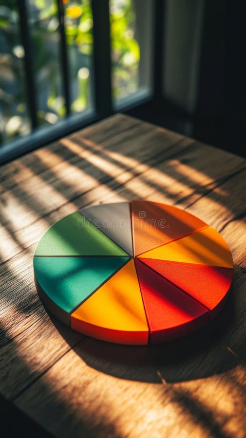 Colorful Pie Chart on a Wooden Table with Sunlight and Shadows ...