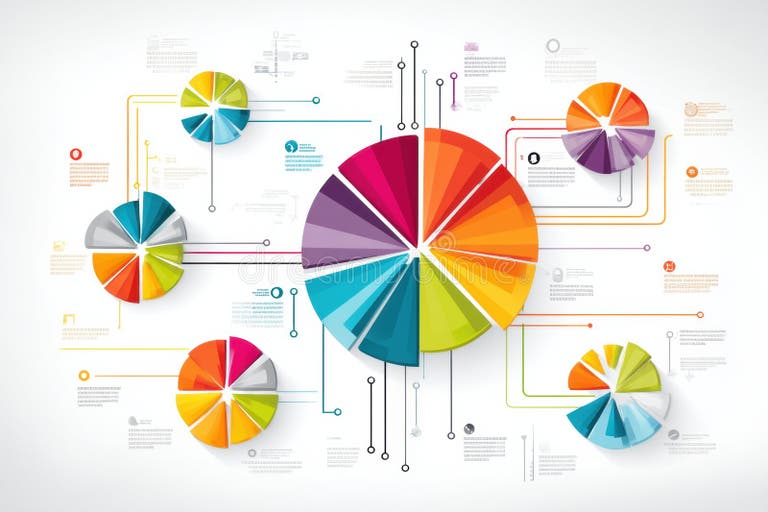 Colorful Pie Charts with Data Visualizations on a White Background Focusing on Statistics and ...