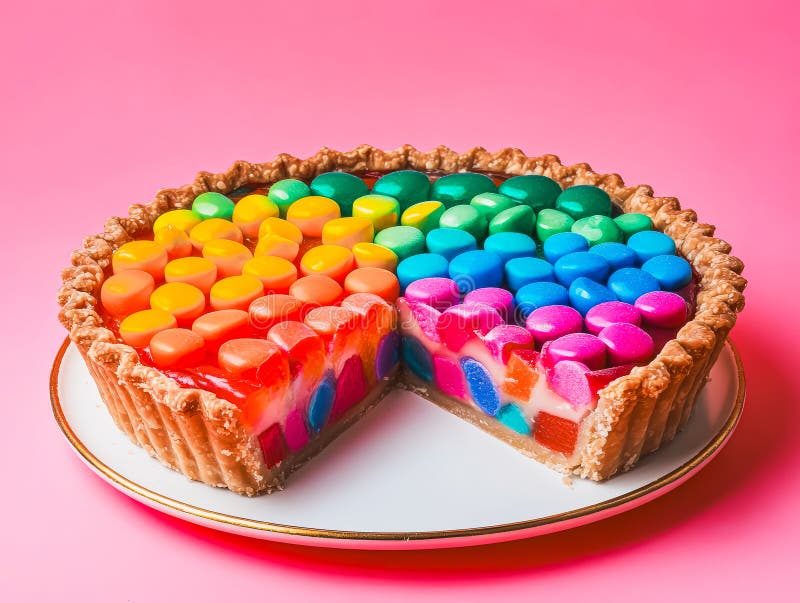 Colorful Pie with a Slice Missing is on a White Plate Stock Photo ...