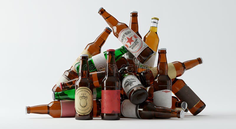 Colorful Beer Bottle Pile: Various Styles and Sizes on White Background ...