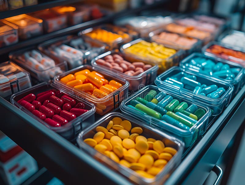 Colorful Pill Containers Organized on a Bright White Table in a Sunlit ...