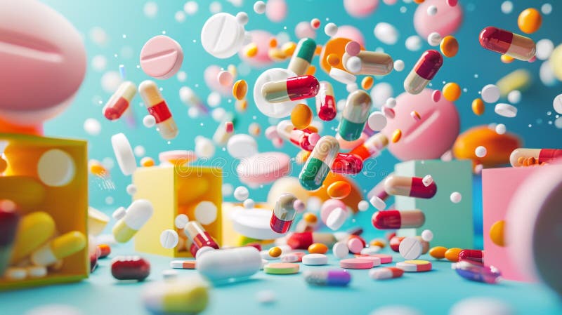 Colorful Pills and Capsules Falling on Blue Background Stock ...