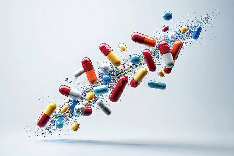 Colorful Pills and Capsules Flying and Exploding on White Background ...