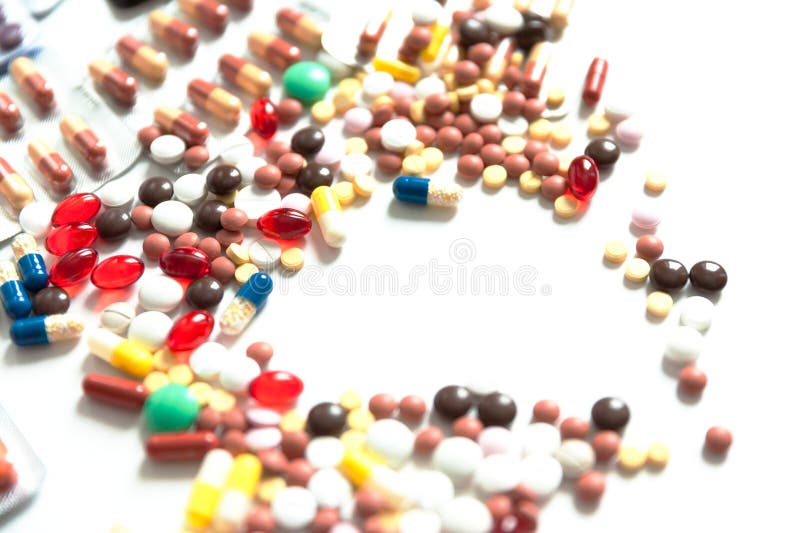 Colorful Pills and Drugs Scattered on White Background with Copy Space ...