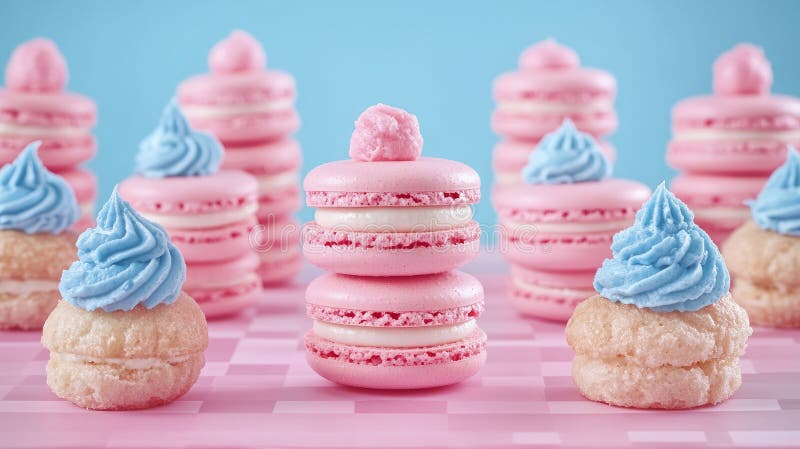 Colorful Pink and Blue Macarons and Cream Puffs on Display. Stock Photo ...