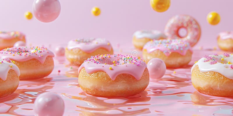Colorful Pink Donuts with Sprinkles Floating in a Dreamy Pastel ...