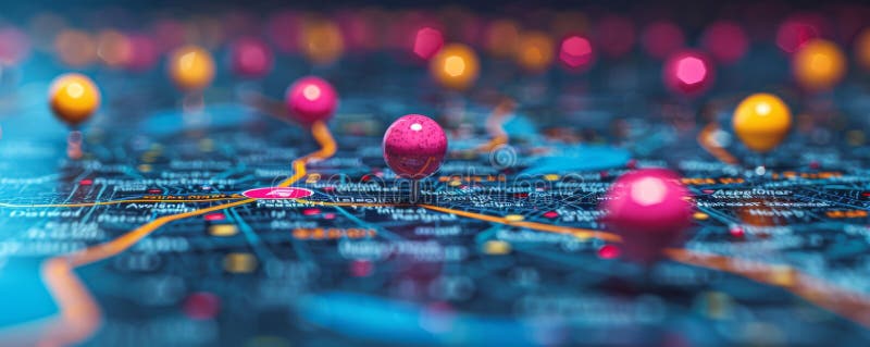 Colorful Pins Marking Points on a Digital City Map Illuminated with ...