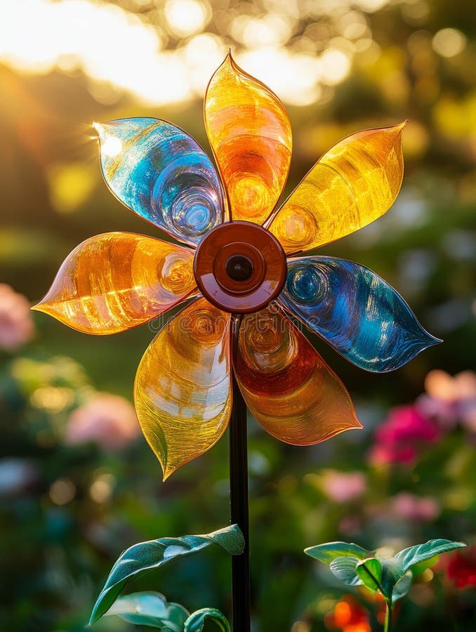 Colorful Pinwheel Spinning in a Garden at Sunset. Stock Image - Image ...