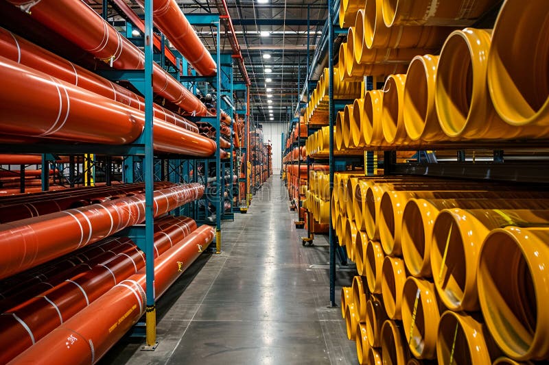 Colorful Pipes are Organized in Rows within Large Warehouse, Ready for ...