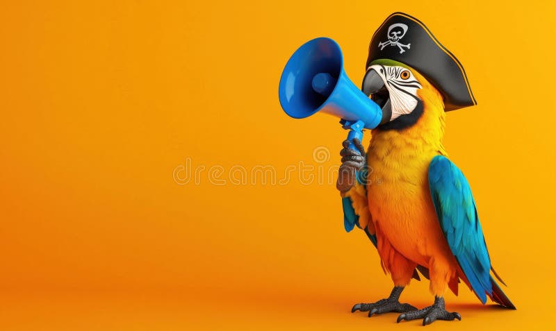 Colorful Pirate Parrot with Megaphone on Bright Orange Background Stock ...