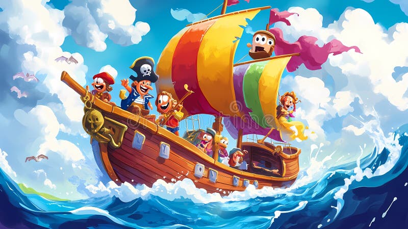 A Colorful Pirate Ship Sailing on Vibrant Waves with Cheerful ...