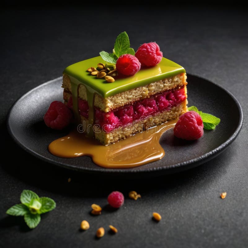Colorful Pistachio and Raspberry Layer Cake with Caramel Drizzle Stock ...