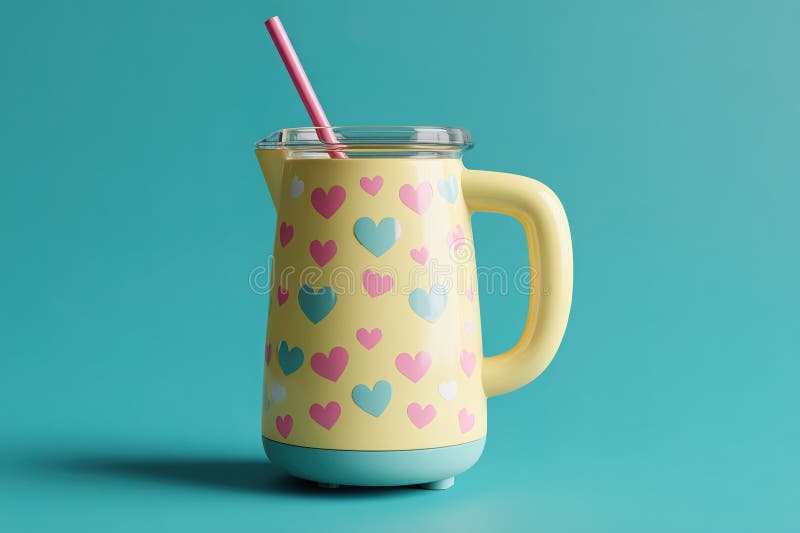 Colorful Pitcher with Heart Patterns and Pink Straw on a Turquoise ...