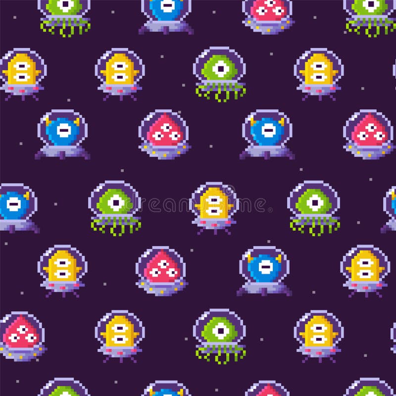 Colorful Pixel Art Aliens in Space-Themed Pattern with Diverse ...
