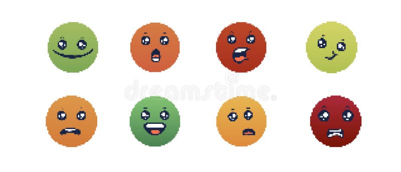 Colorful Pixel Art Faces Expressing Various Emotions in Circular ...