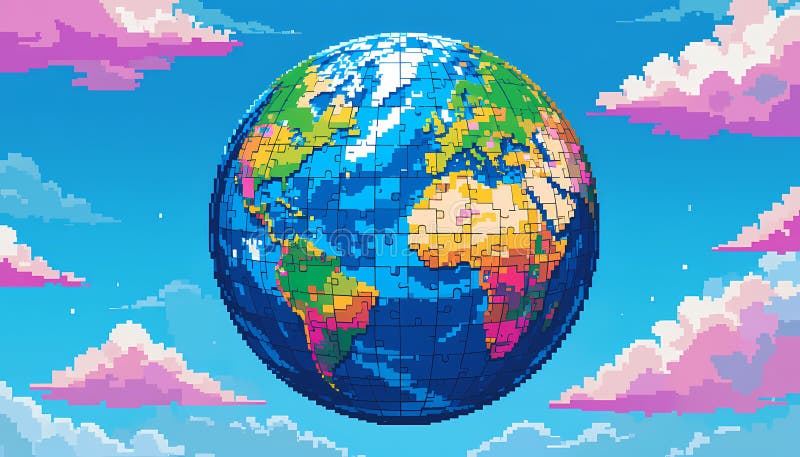 Colorful Pixel Art Globe Puzzle Against a Pastel Sky Stock Illustration ...