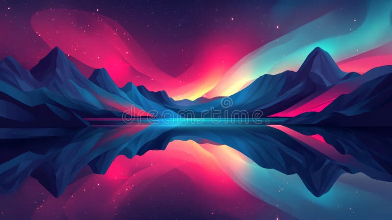 Colorful Pixel Art Landscape with Aurora Borealis Reflection Stock ...
