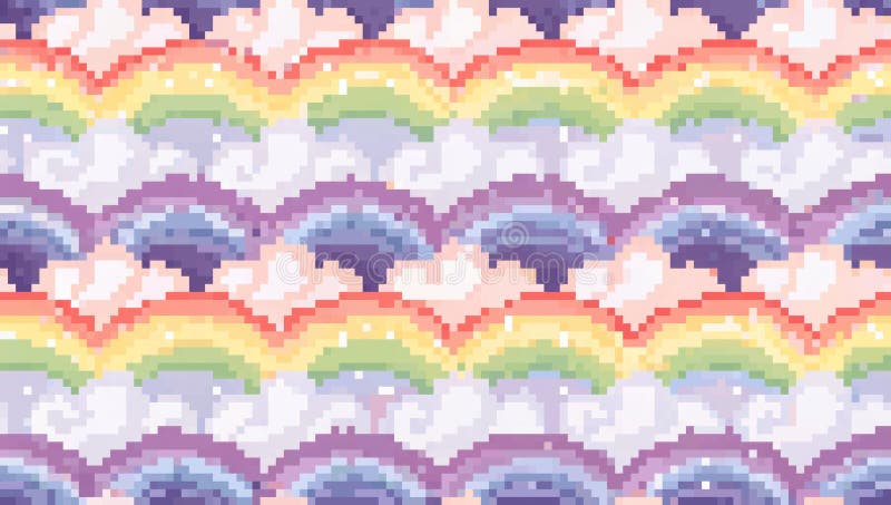Colorful Pixel Art Rainbow Pattern with Clouds and Waves Stock ...