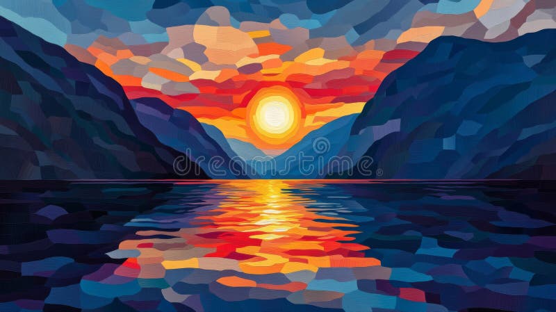 Colorful Pixel Art Sunset Over Mountains and Lake Stock Illustration ...