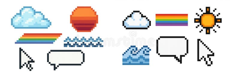 Colorful Pixel Graphics of Clouds, Sun, Waves, Rainbow, and ...