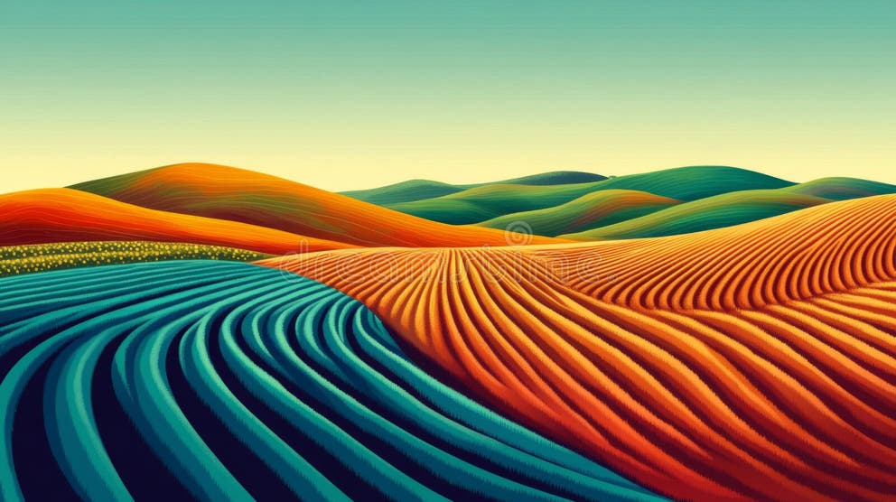 Colorful Pixelated Landscape with Fields and Hills Stock Illustration ...