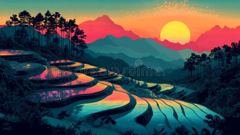 Colorful Pixelated Terraced Rice Paddies Sunset View Stock Illustration ...